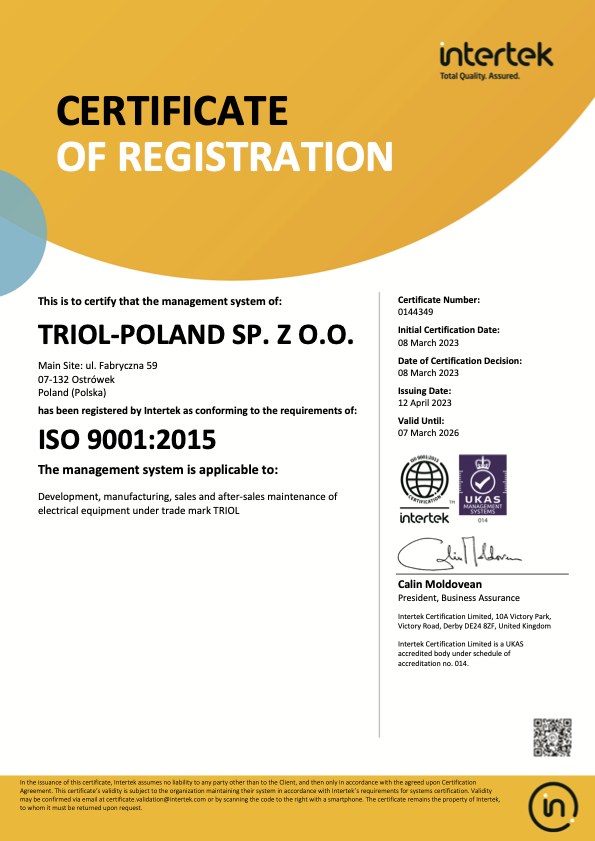 TRIOL-POLAND SP. z.o.o. has been successfully certified by Intertek Certification Limited and ...
